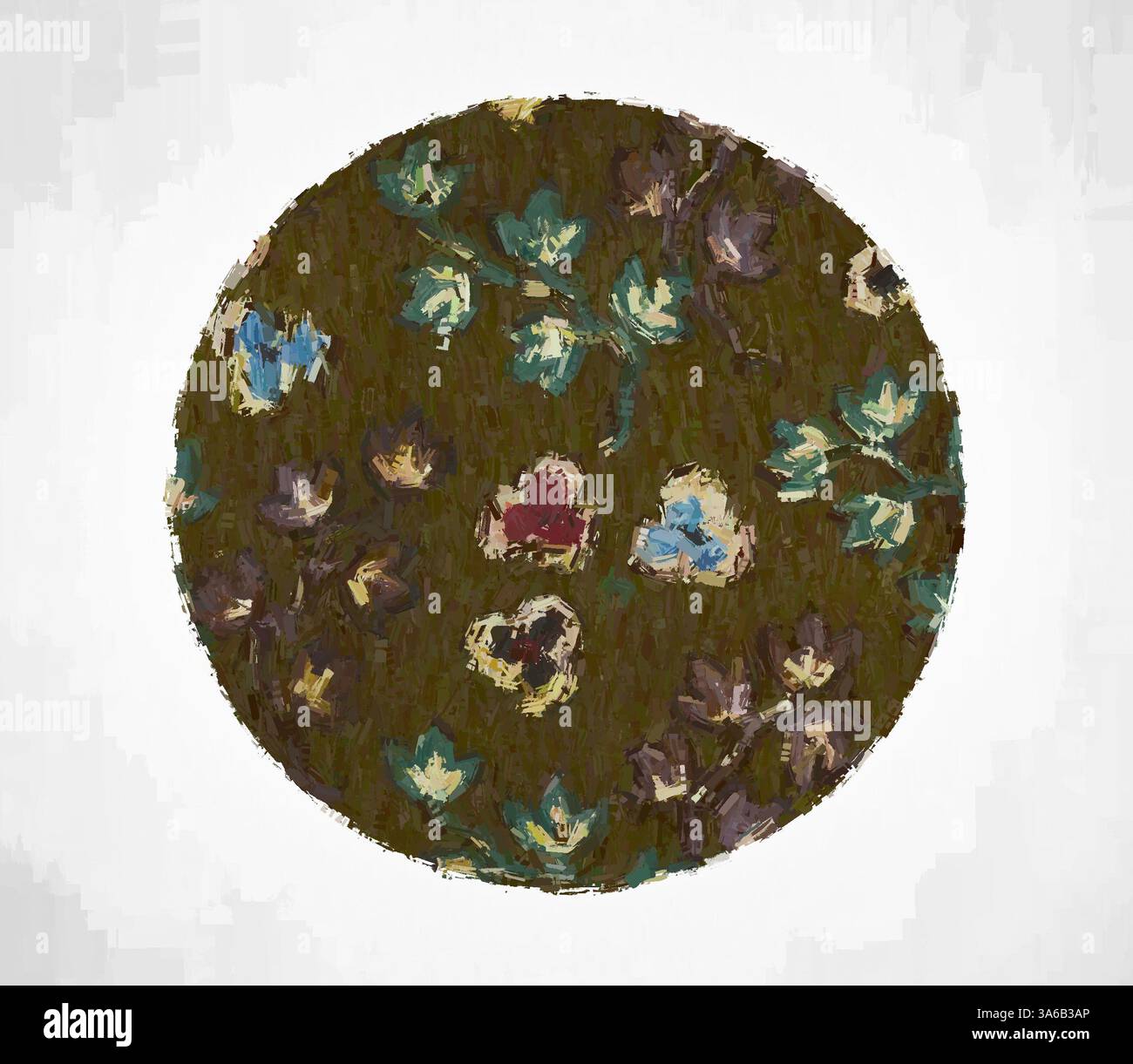A circular textile pattern featuring an array of hearts and flowers ...