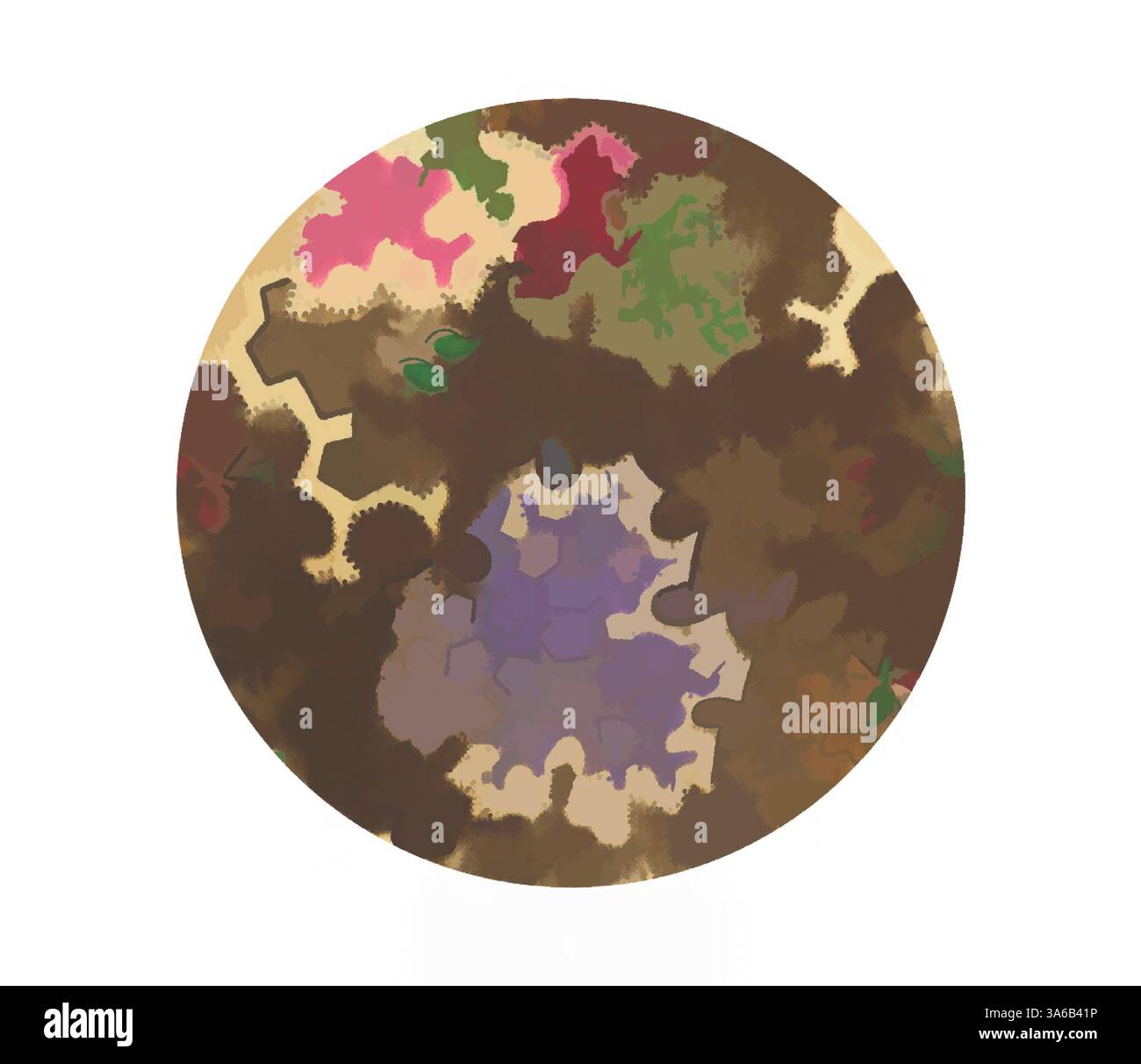 An abstract arrangement of organic shapes and colors, blending earthy ...