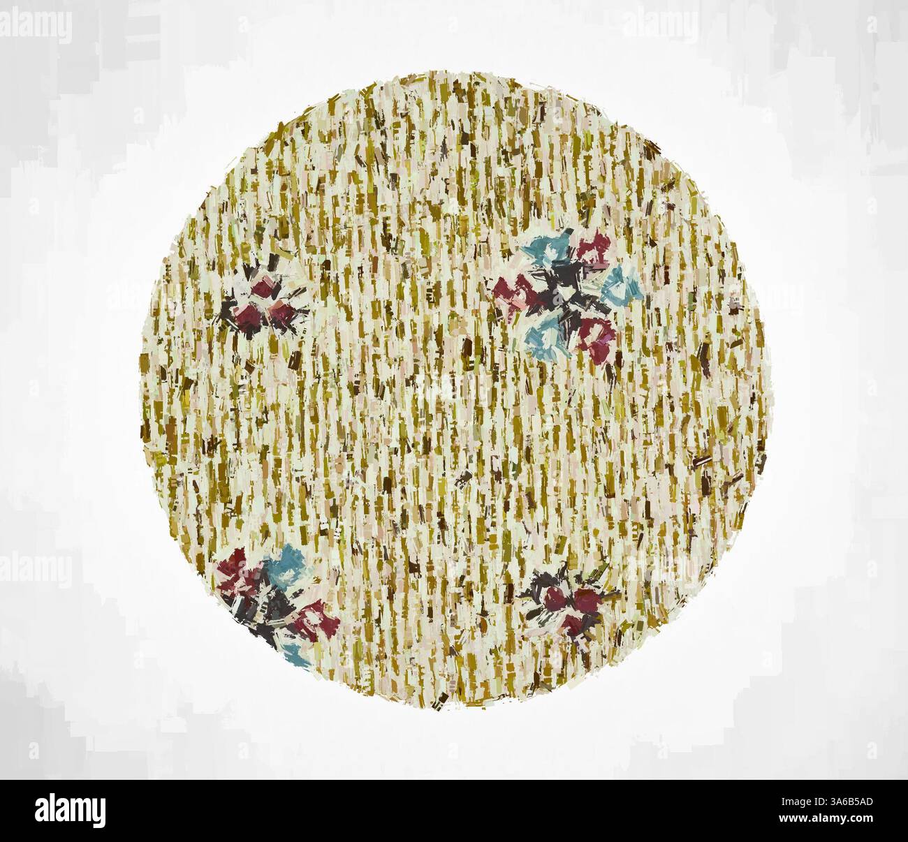 A circular area displays a vibrant floral pattern against a textured ...