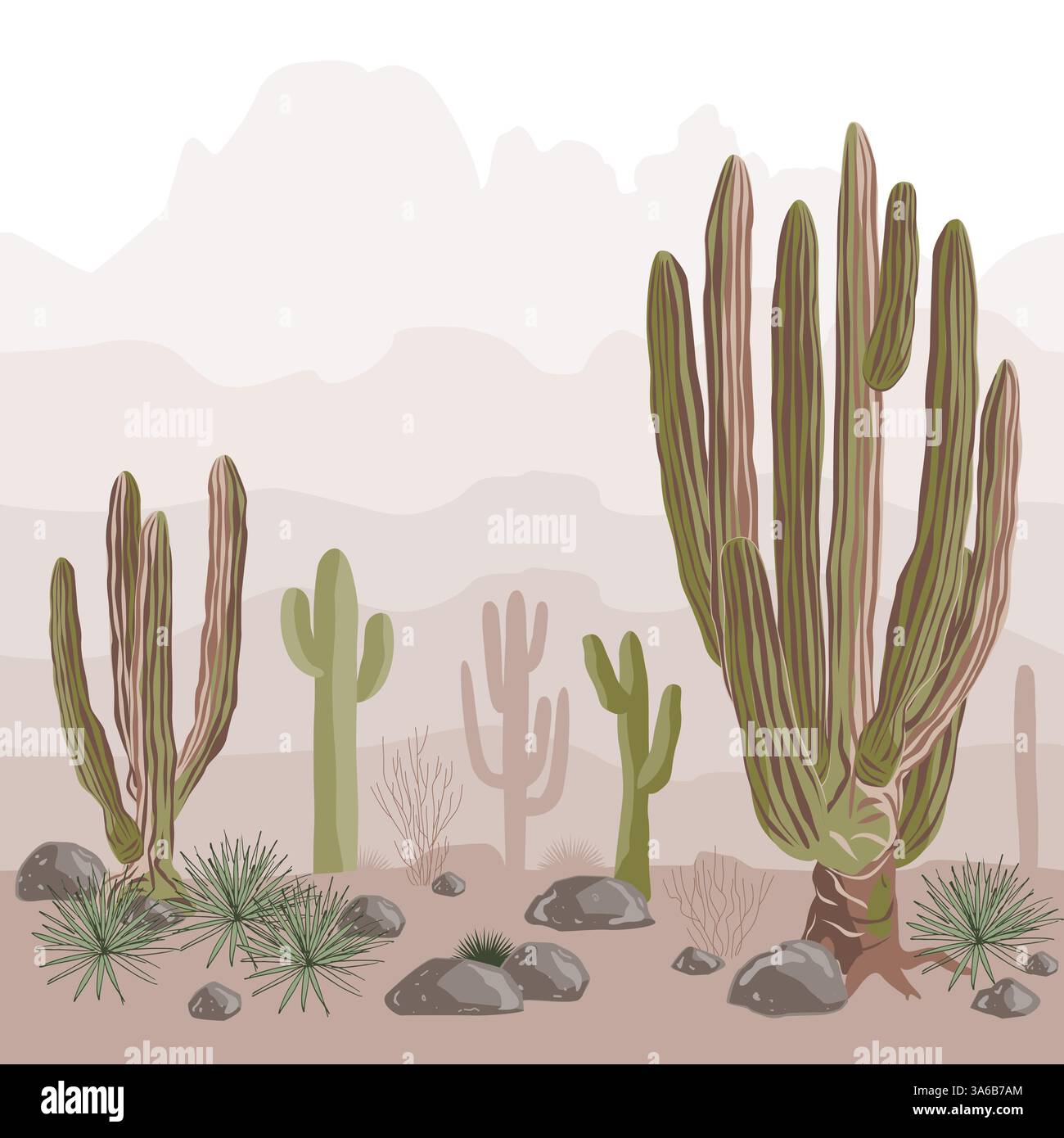 Desert seamless pattern with saguaro and giant cardon cacti, and ...