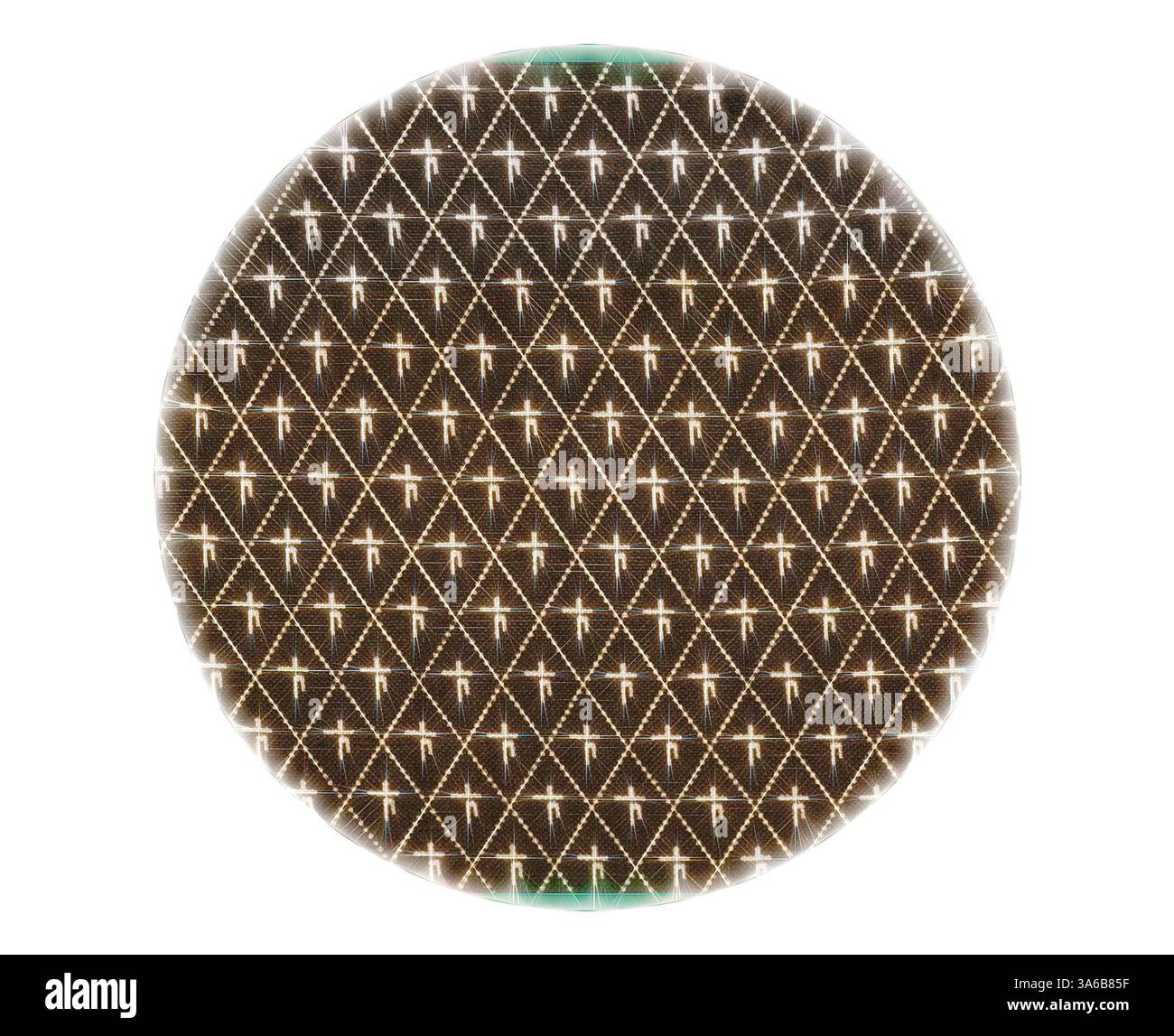 A circular surface features a geometric pattern of interlocking ...
