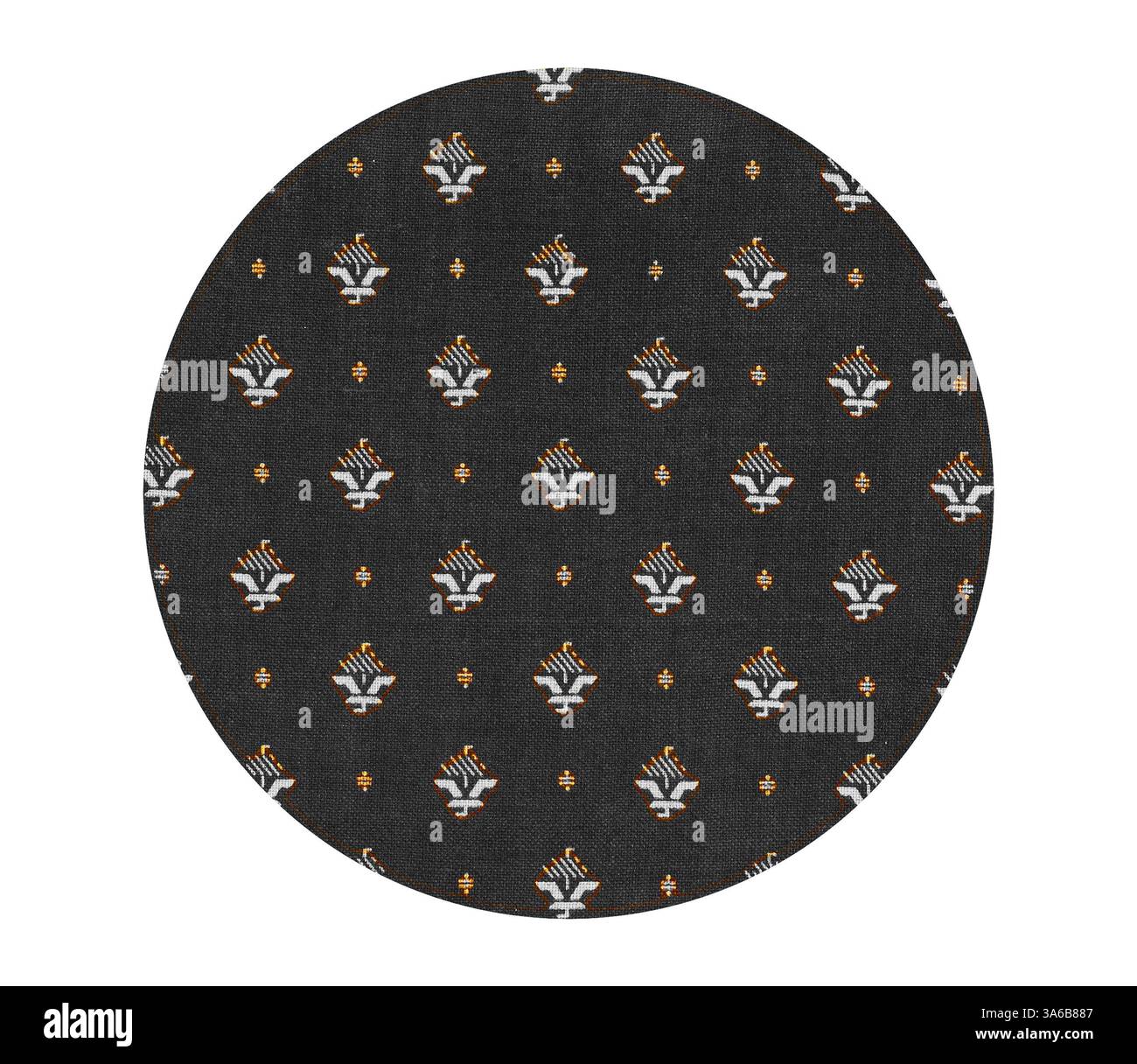 A circular textile featuring a repeating pattern of stylized floral ...