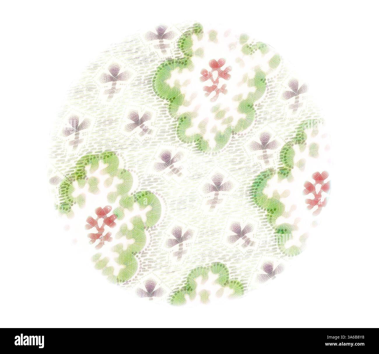A delicate pattern featuring swirling floral motifs in soft greens and ...
