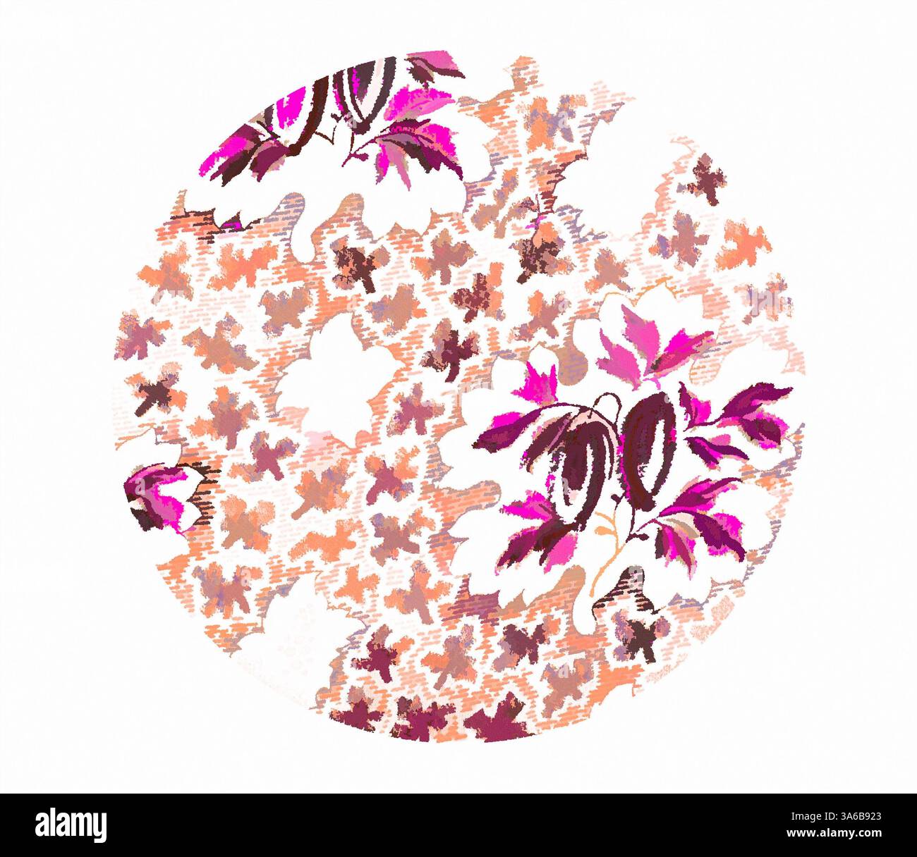 A circular pattern featuring an array of vibrant pink and deep purple ...