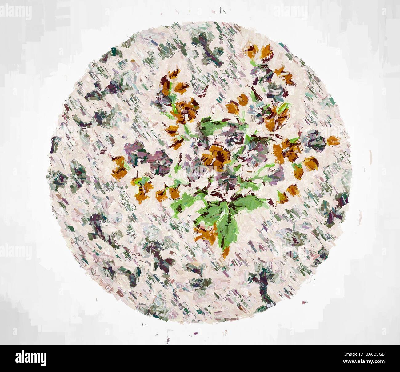 A circular composition featuring a bouquet of vibrant flowers ...