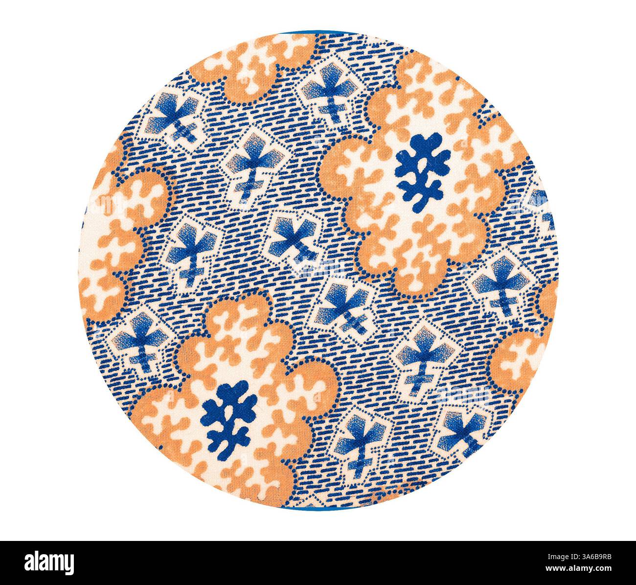 A circular fabric design featuring an intricate pattern of orange, blue ...