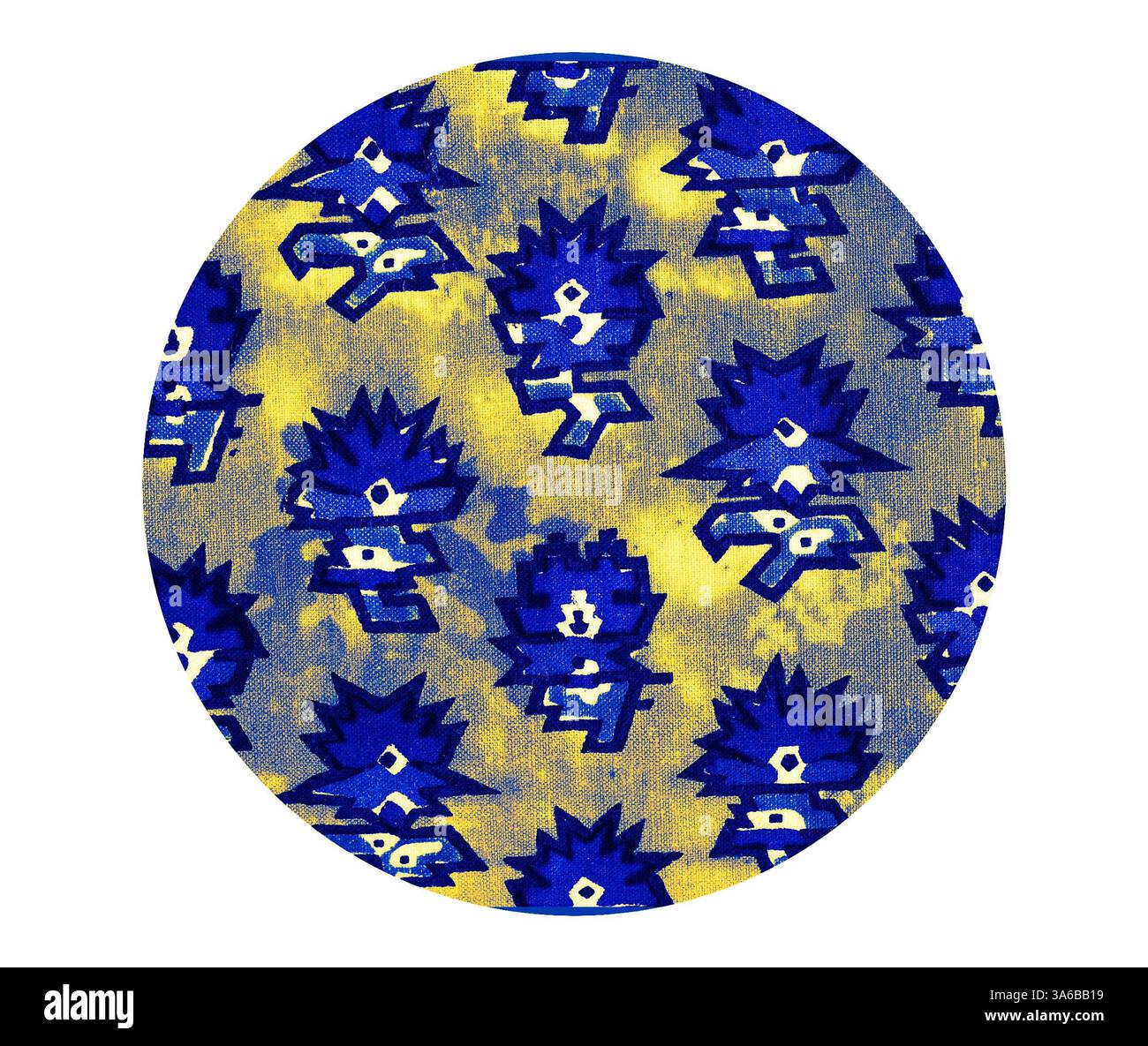 A vibrant pattern featuring stylized blue faces with spiky hair against ...