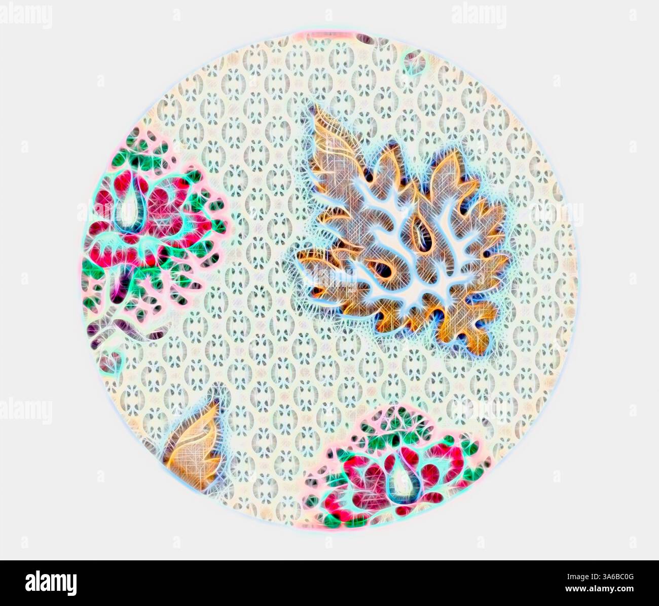 A circular design features intricate floral motifs with vibrant colors ...