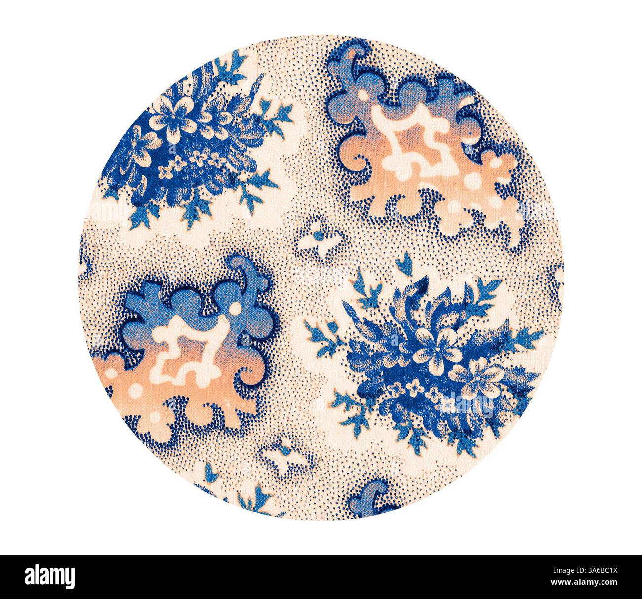 A circular fabric pattern featuring intricate floral designs in shades ...