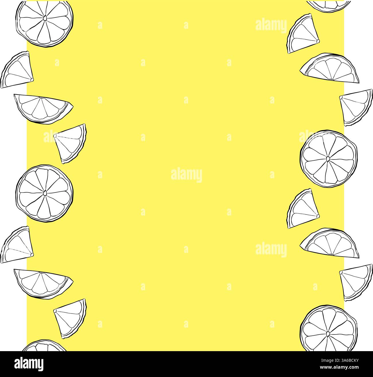 Citrus lemon slices vertical seamless border frame. Vector graphic line ...