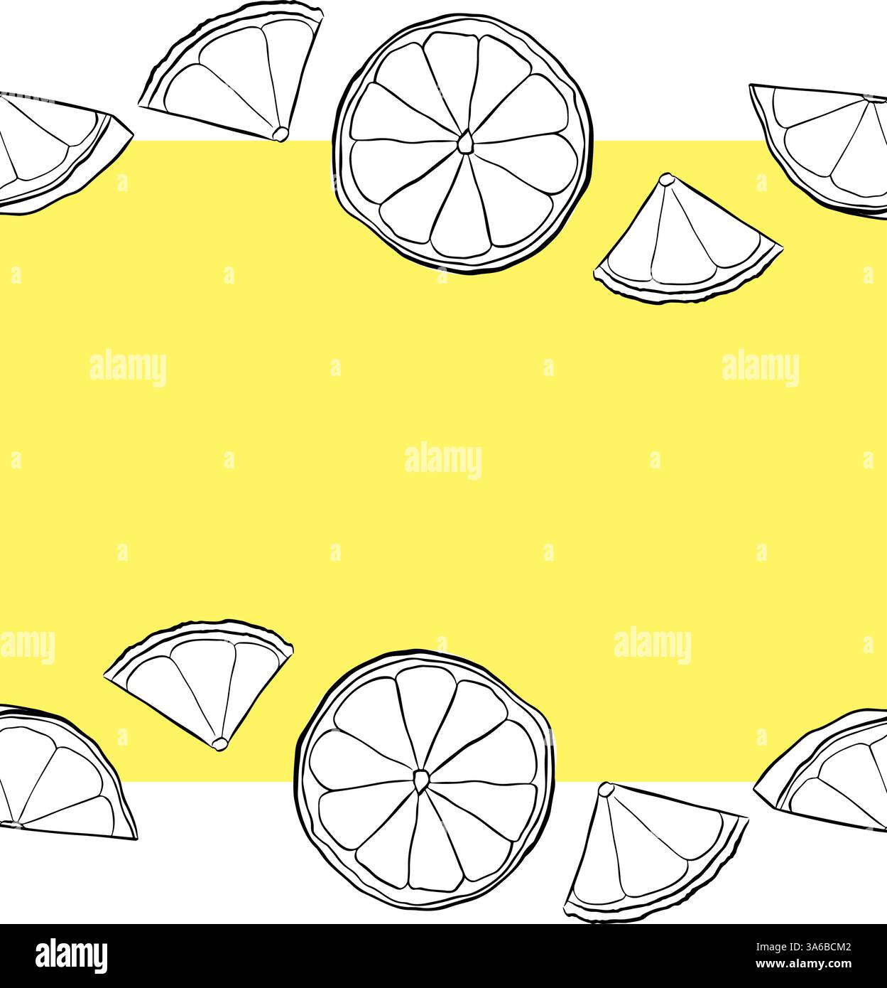 Citrus lemon slices horizontal seamless border frame. black and white colored Vector graphic ...