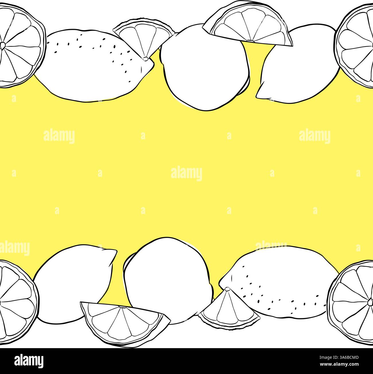 Lemons cut, slices and whole seamless horizontal border frame. black ...
