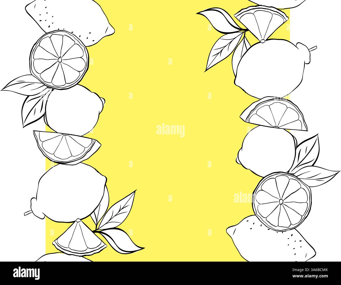 Lemons whole, slices and leaves Vertical seamless border frame ...