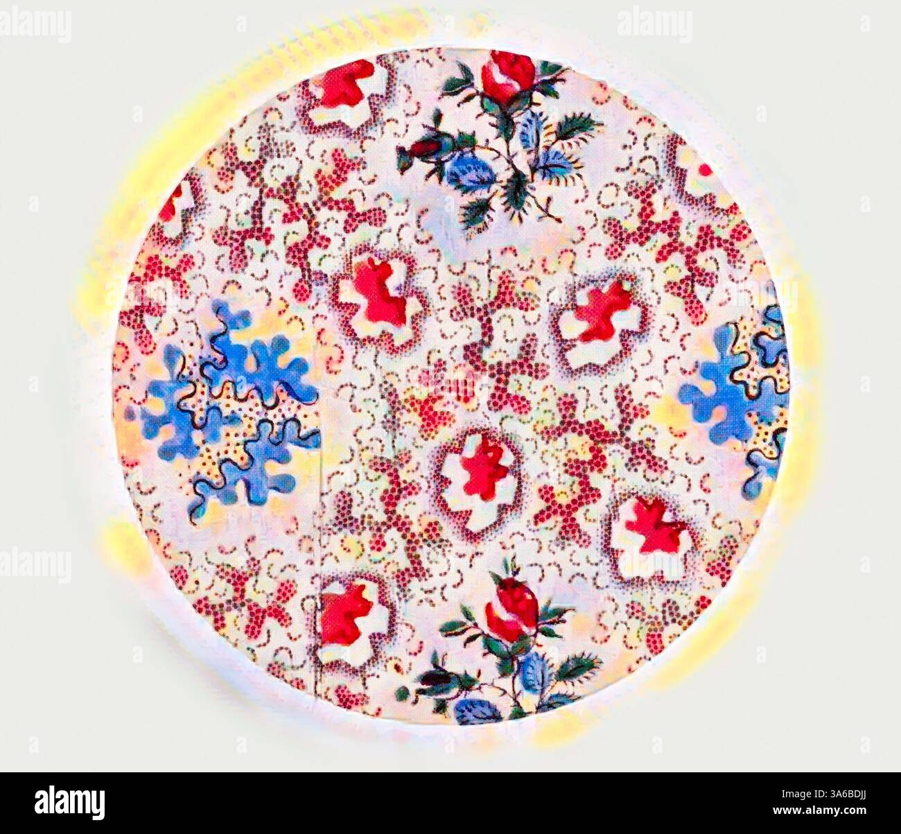 A round tablecloth featuring a vibrant floral and abstract pattern ...