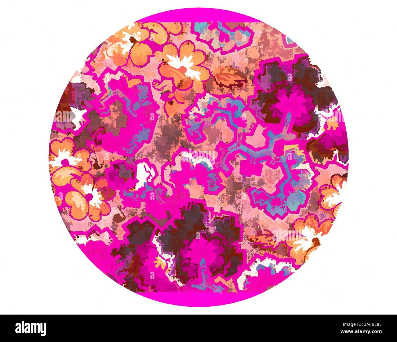 A vibrant floral pattern featuring bold shades of pink, purple, and ...