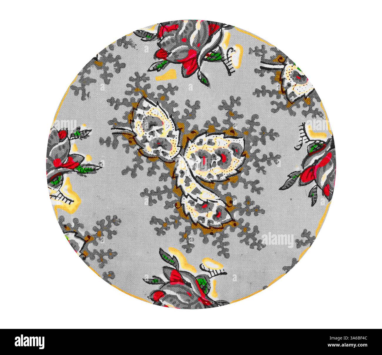 A circular design featuring intricate floral patterns in shades of gray ...