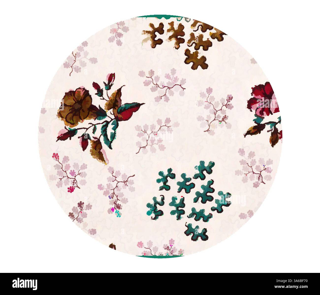 A floral pattern features vibrant roses and delicate vine-like designs ...