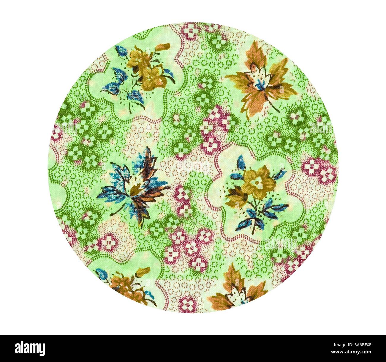 A circular textile featuring a vibrant floral pattern with green, pink ...