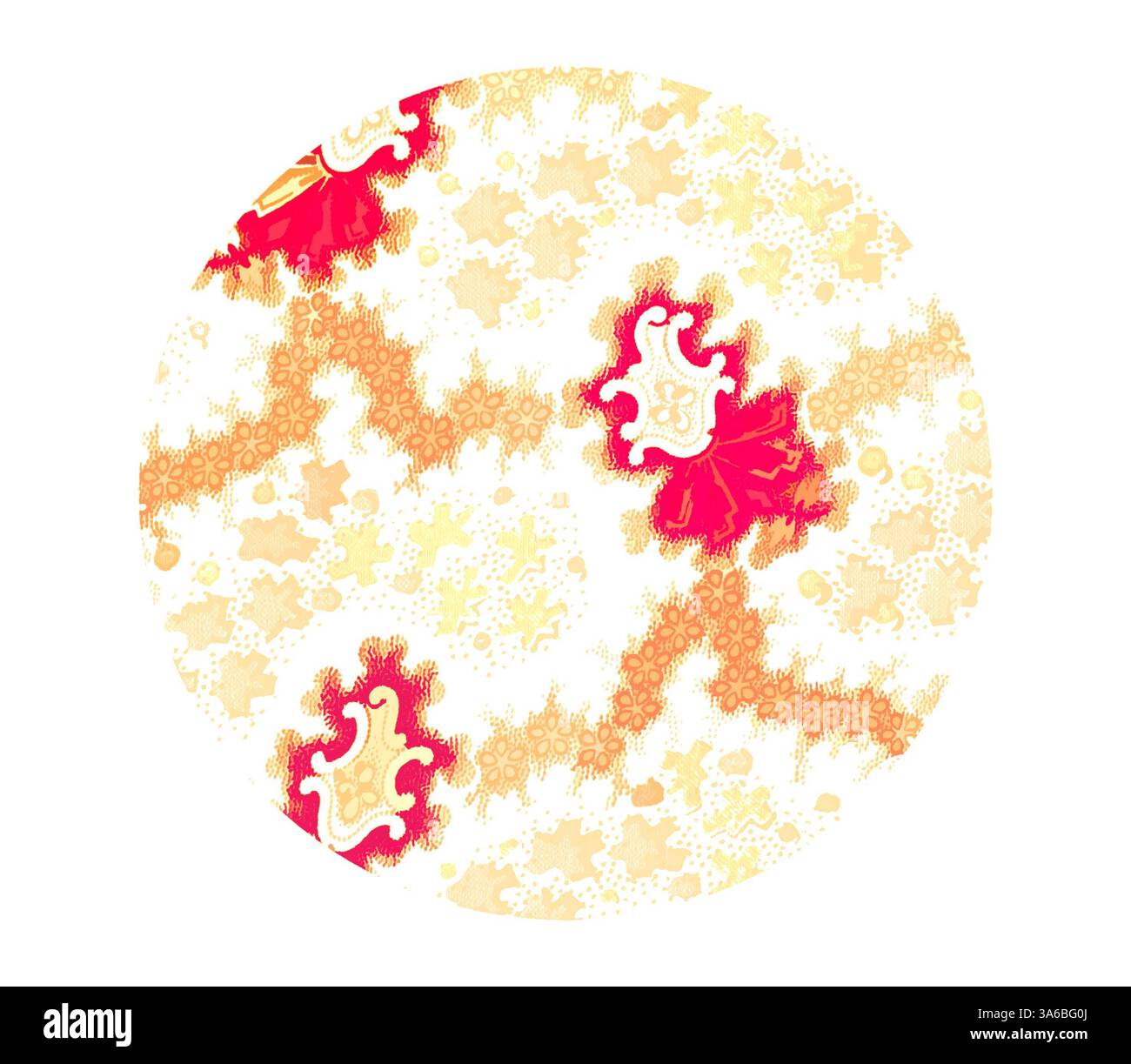 A vibrant circular pattern features intricate organic shapes in shades ...