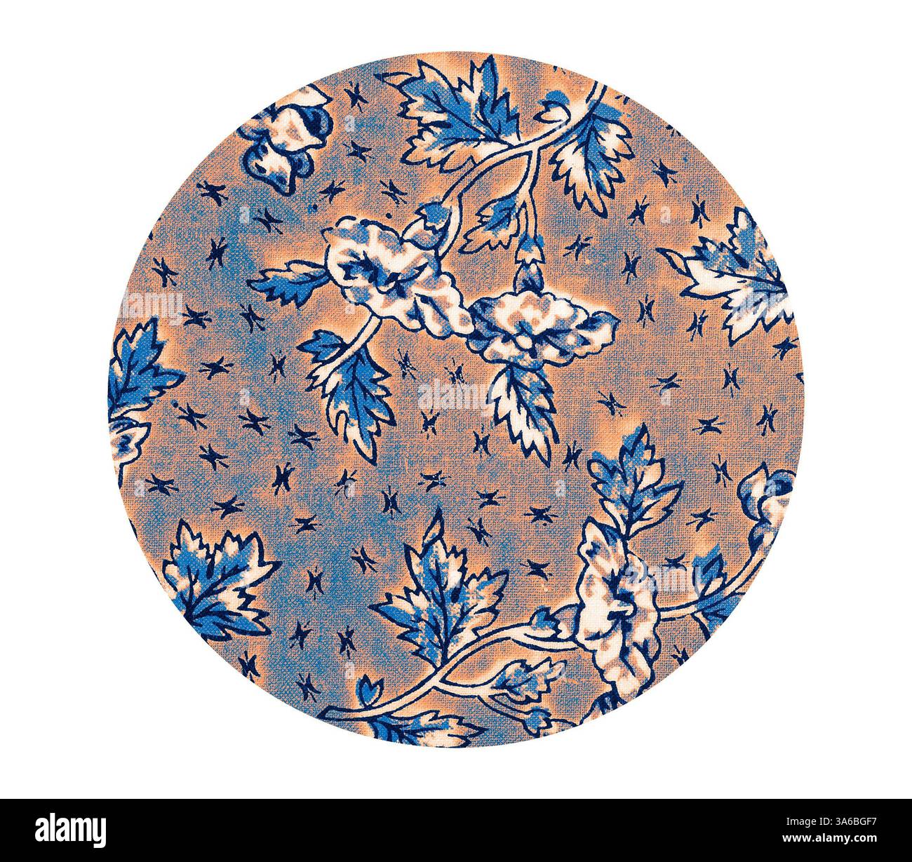 A circular pattern featuring delicate floral motifs in shades of blue ...