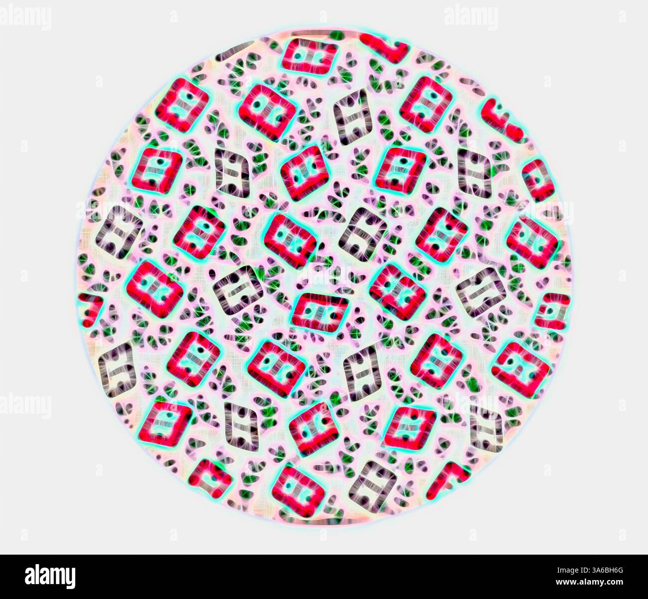 A circular pattern features vibrant squares and floral elements ...