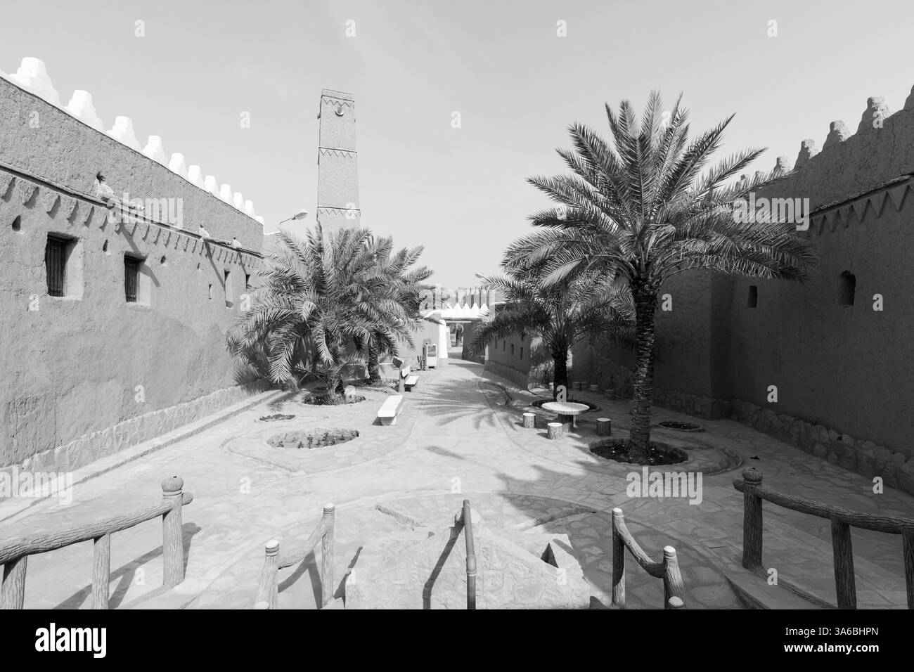 Alley with palm trees and renovated houses in the traditional village ...