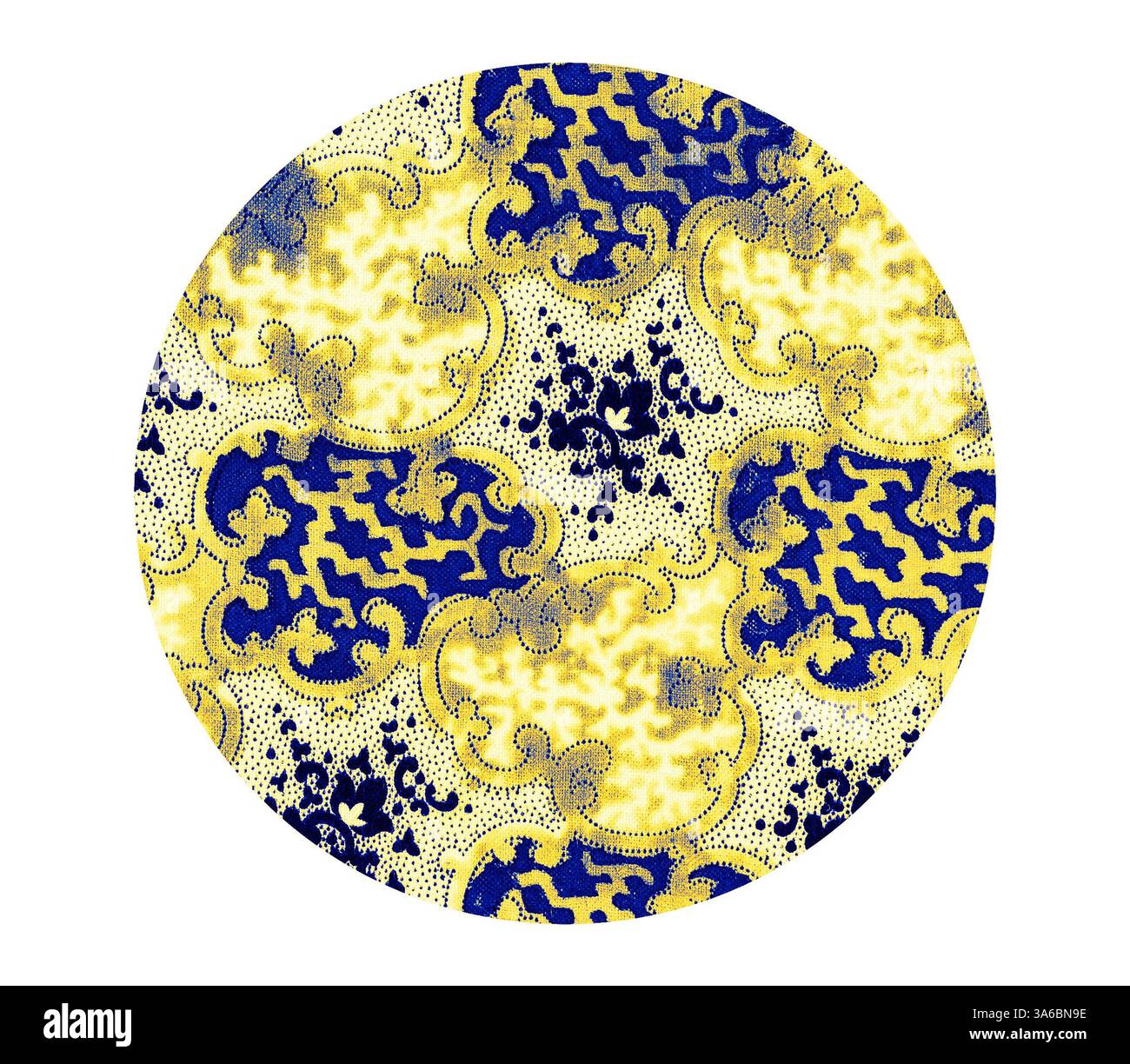 An intricate pattern features swirling forms in vibrant shades of blue ...