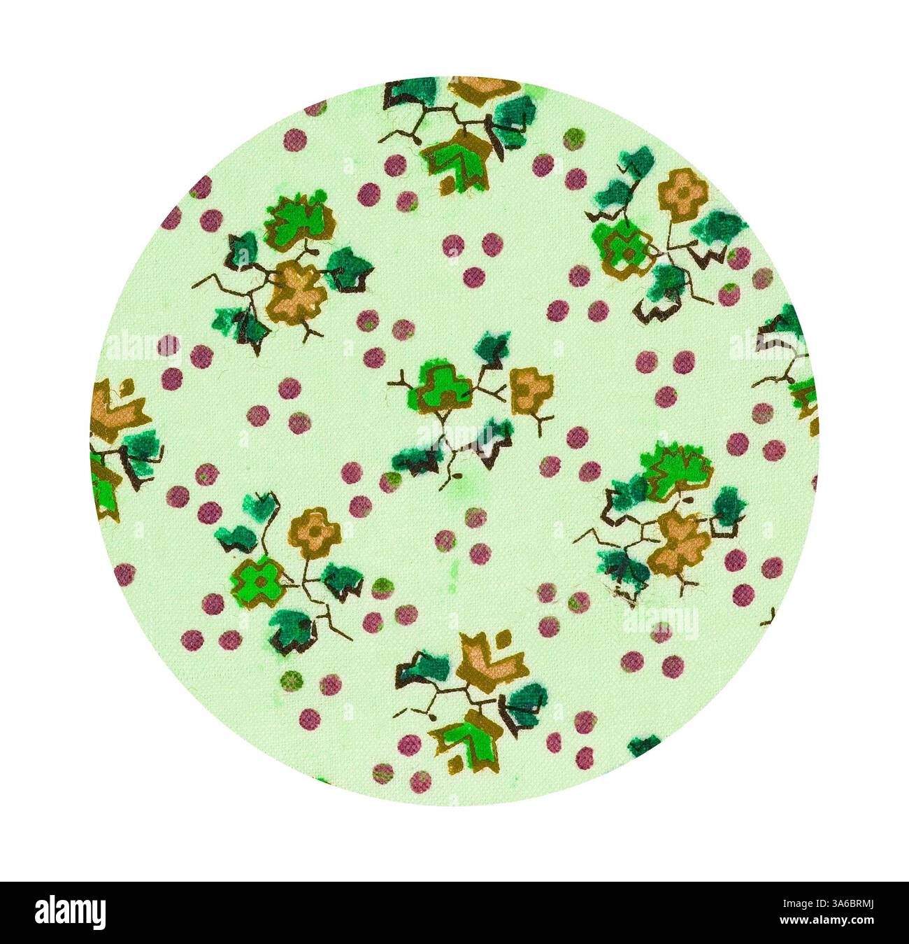 A circular fabric featuring a delicate pattern of green leaves and ...