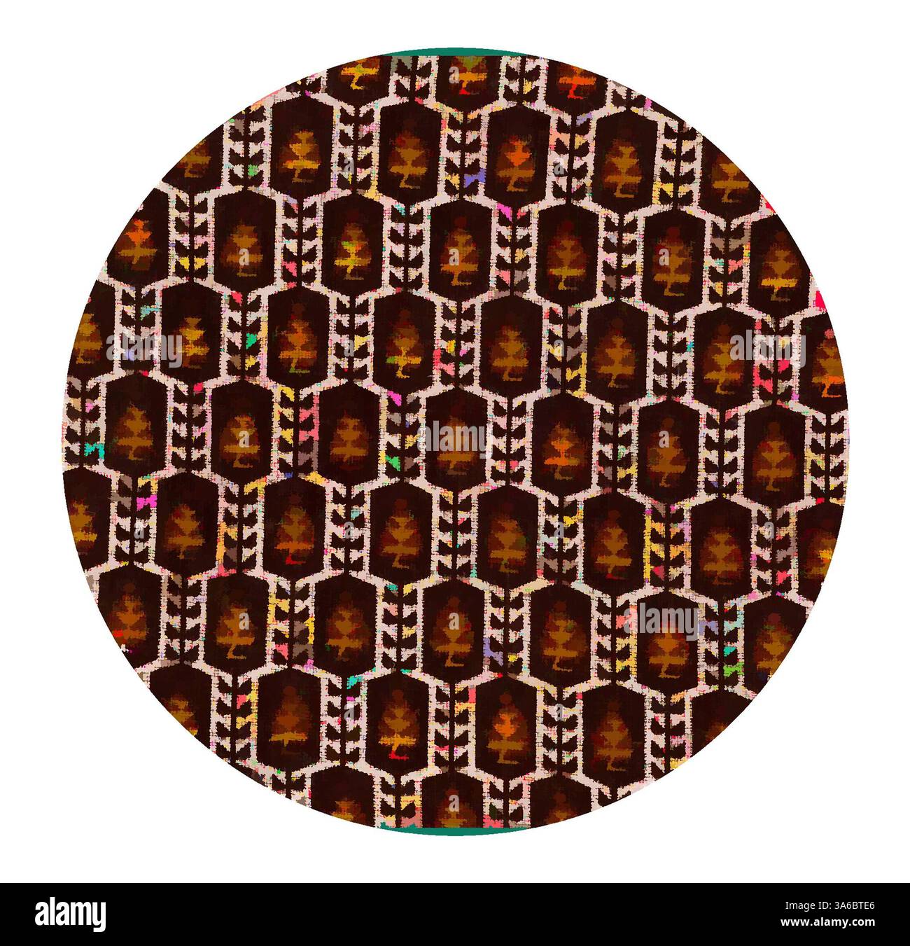 A circular pattern featuring repeated motifs of stylized trees and ...