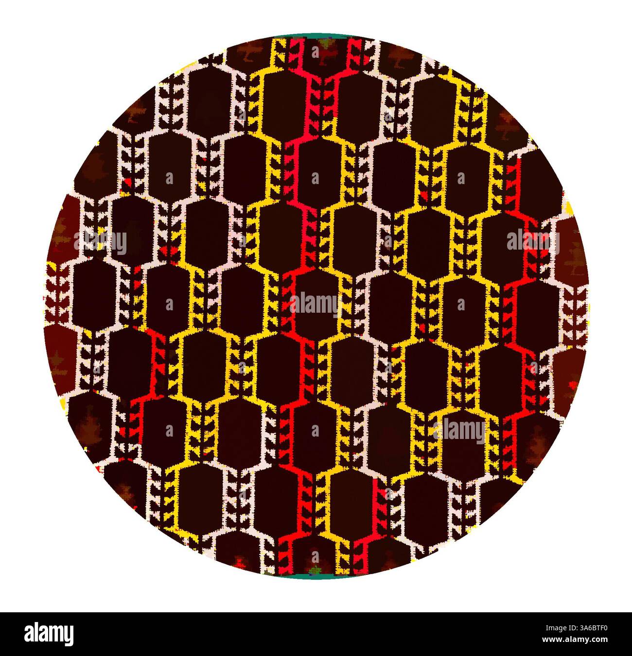 A vibrant geometric pattern featuring hexagonal shapes and bold colors ...