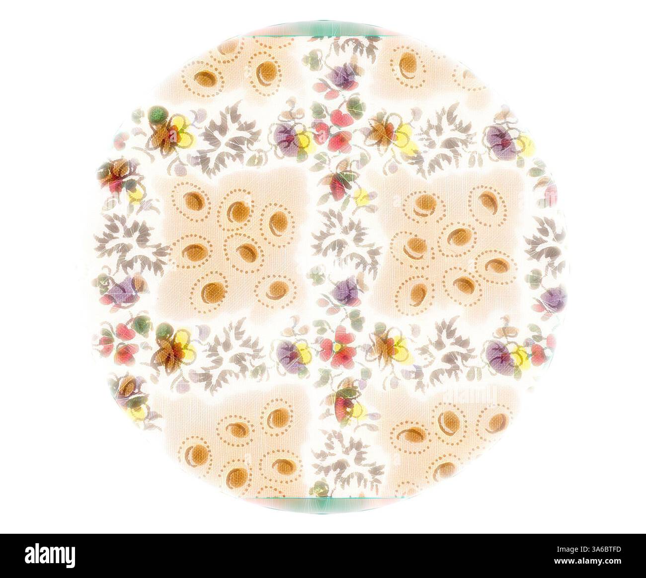 A circular fabric featuring a delicate floral pattern with vibrant ...