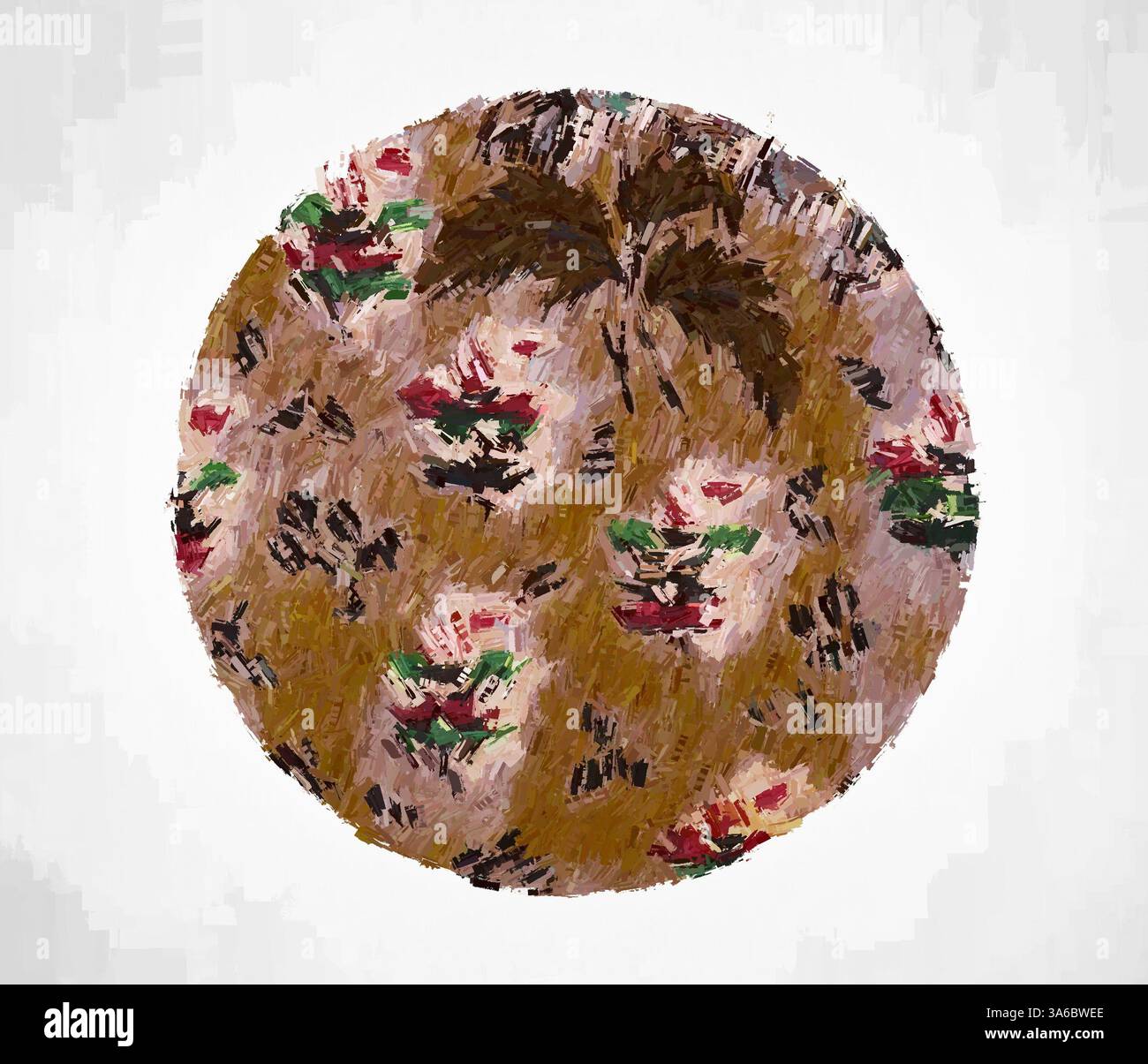 A circular textile pattern featuring earthy tones and floral motifs ...