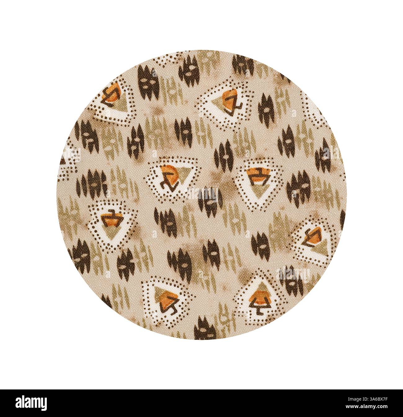 A circular textile featuring an earthy, abstract pattern of triangles ...