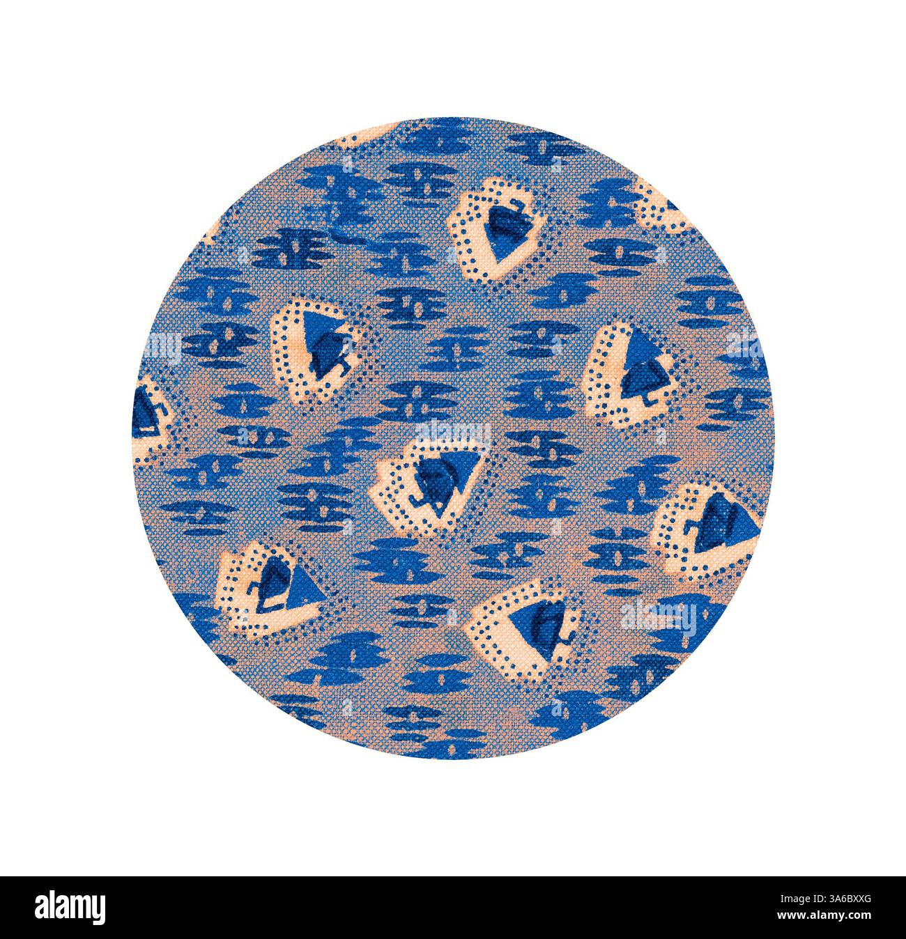 A textured circular pattern featuring bold irregular shapes in shades ...