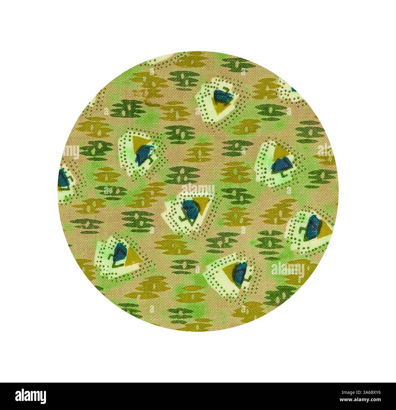 A circular pattern featuring abstract shapes in shades of green and ...
