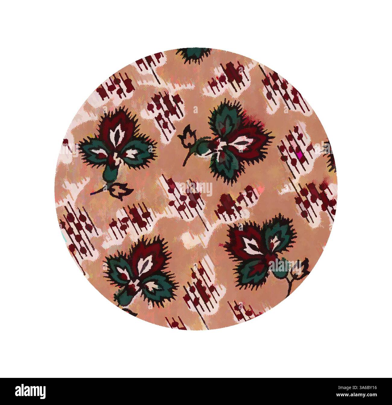 A circular textile design featuring intricate floral patterns in earthy ...