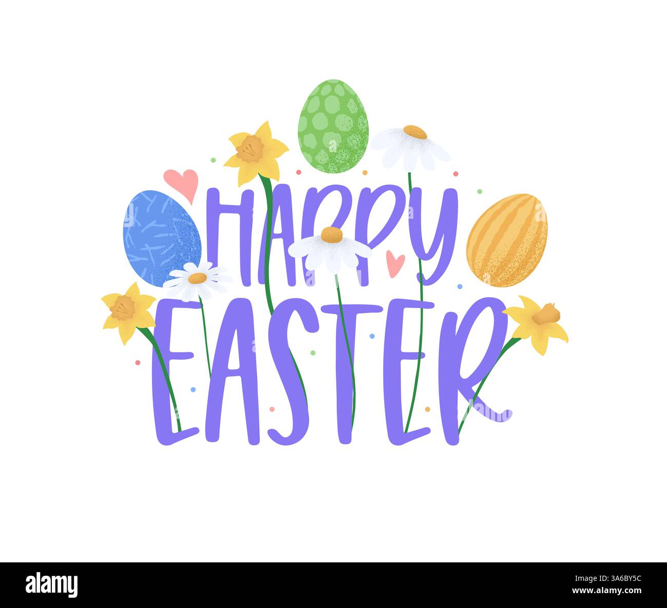 Happy Easter colorful lettering. Happy Easter, egg, spring flowers and ...