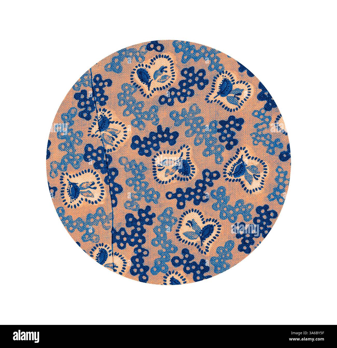 A circular textile design featuring intricate floral patterns in blue ...