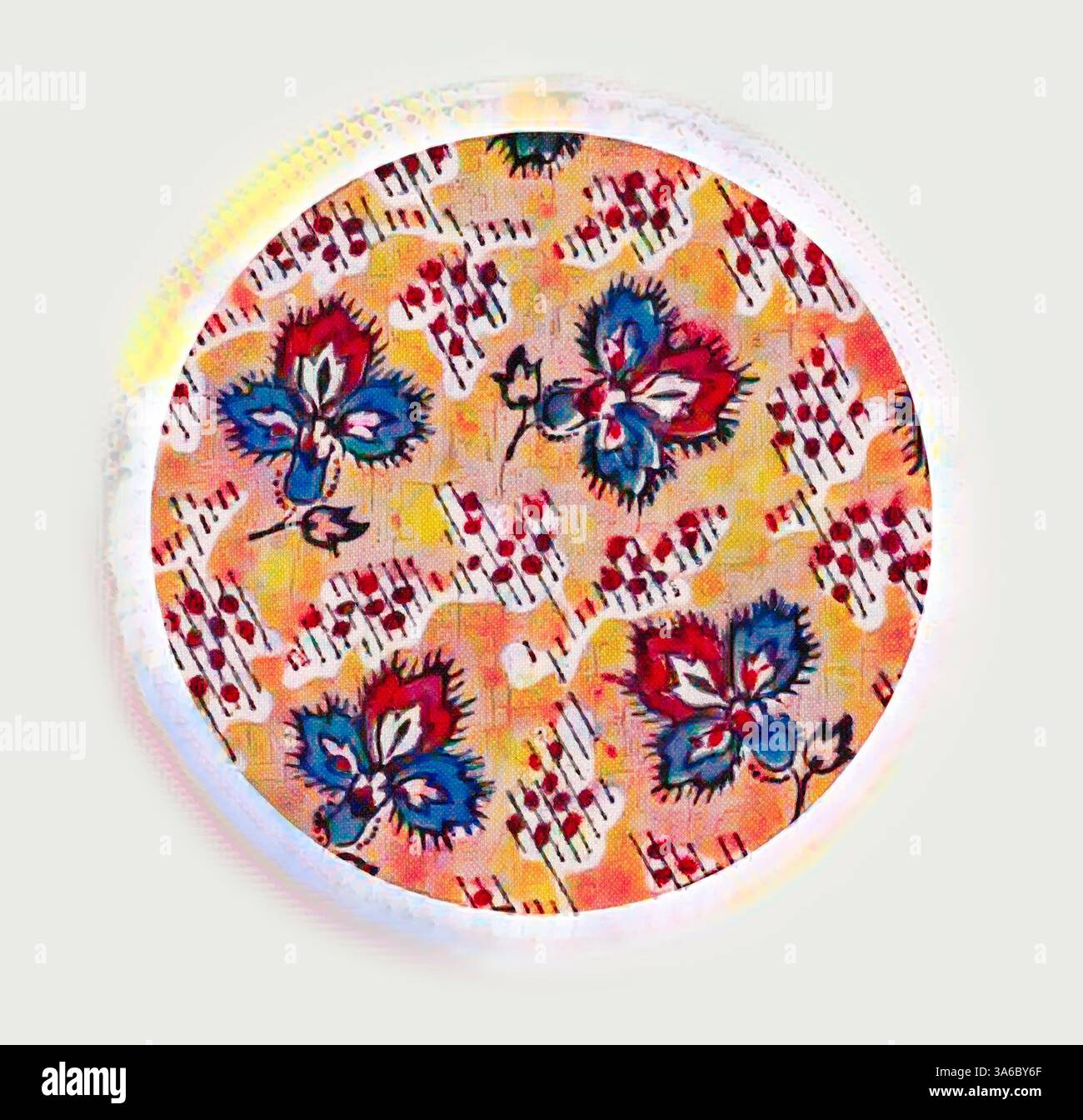 A circular piece featuring a vibrant floral pattern intertwined with ...