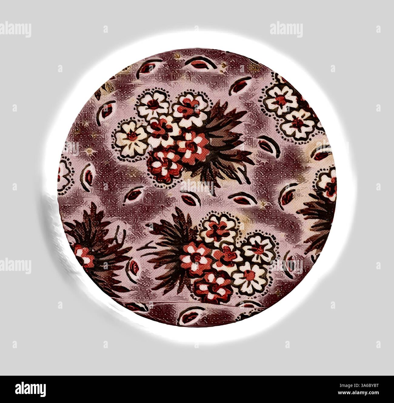 A circular textile pattern featuring a delicate arrangement of red and ...