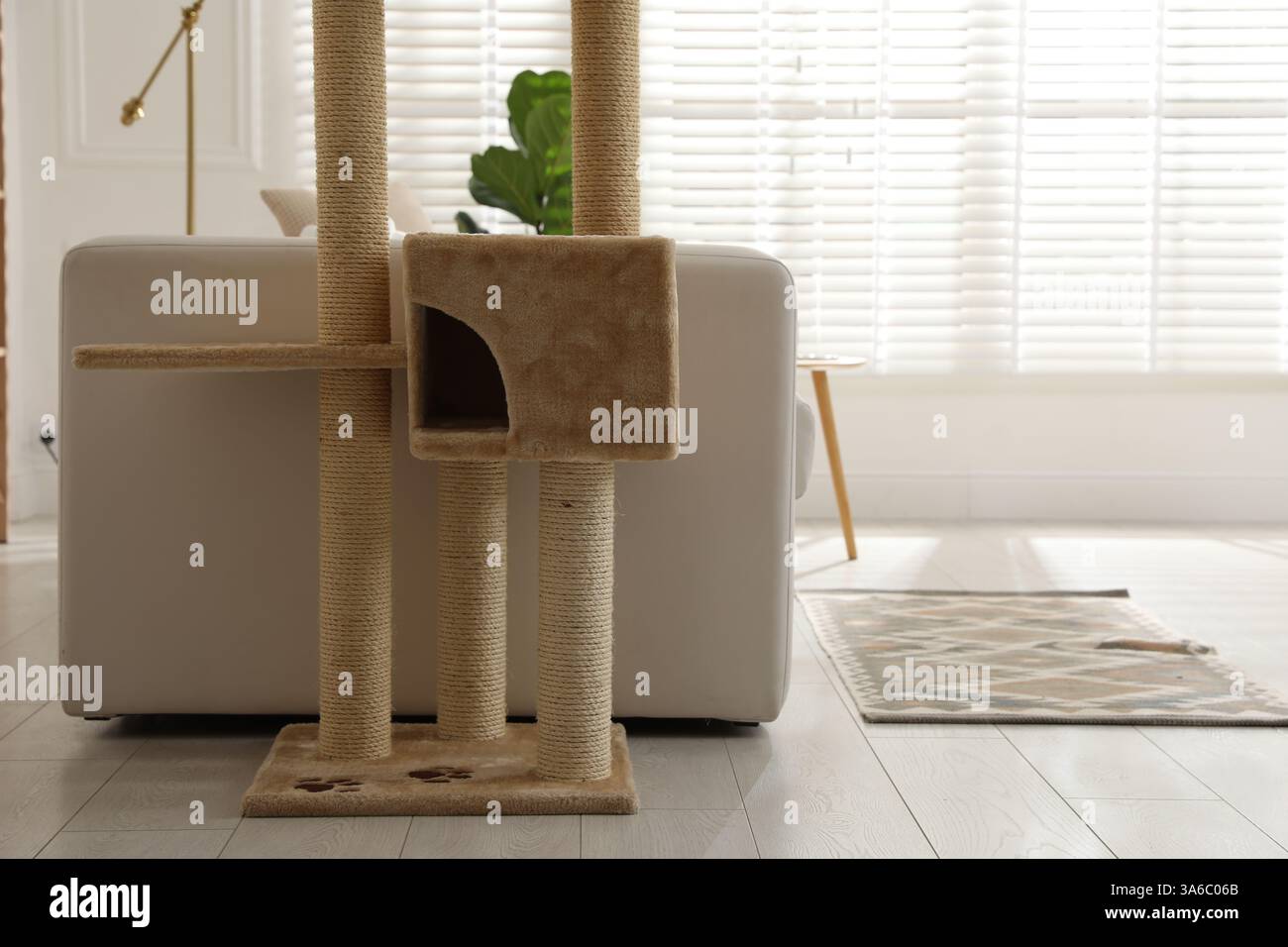 Big comfortable cat tree with scratching poles indoors Stock Photo - Alamy