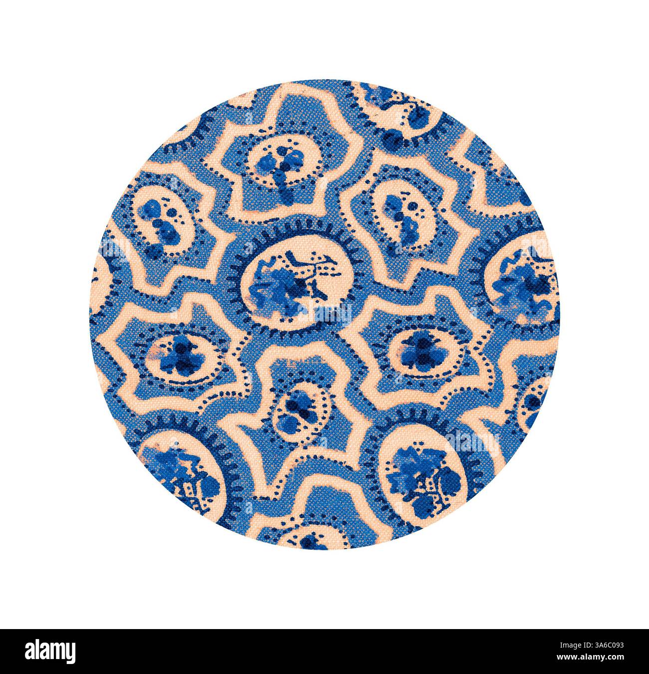 A circular fabric pattern featuring intricate floral and geometric ...