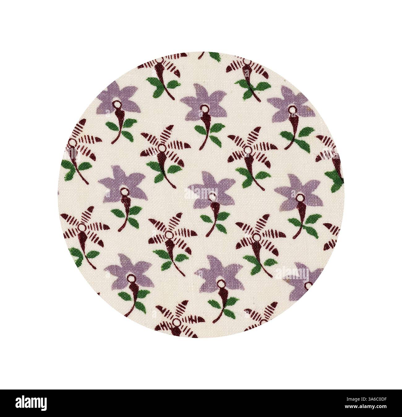 A circular fabric featuring delicate purple flowers intertwined with ...