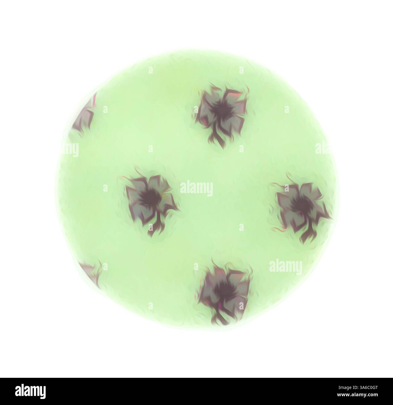 A round, light green surface adorned with abstract, dark floral ...