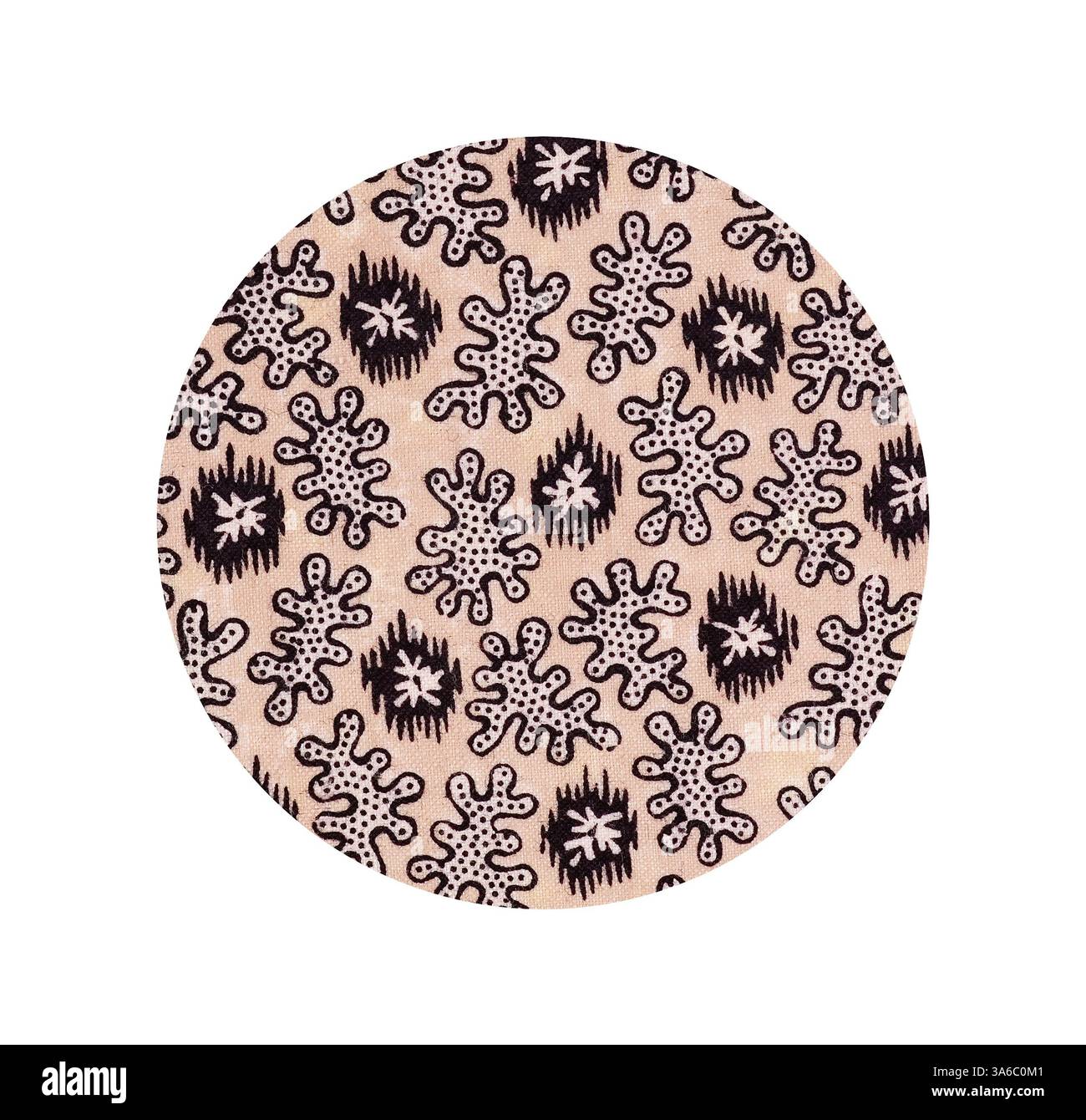 A circular textile featuring an intricate design with organic shapes ...