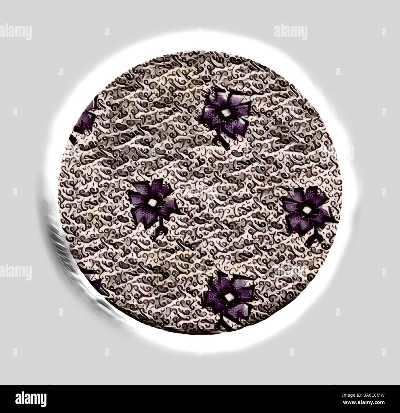 A circular textile design featuring intricate patterns and bold purple ...