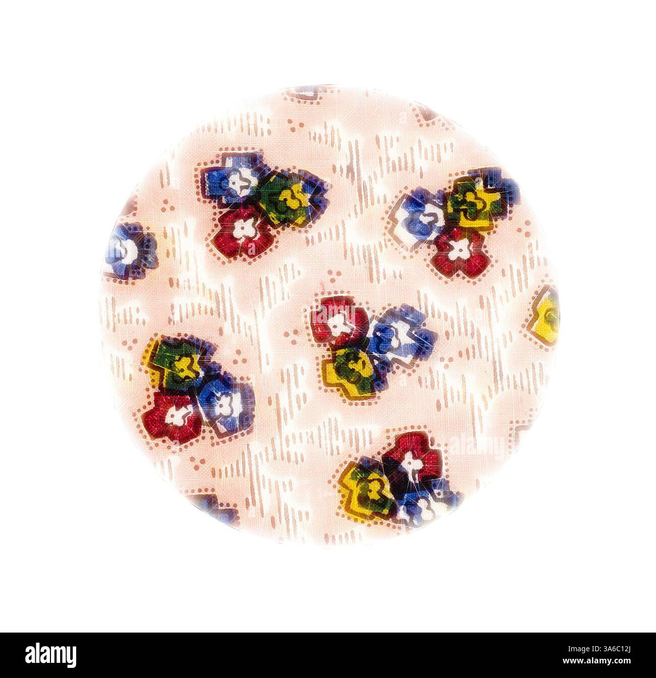 A circular fabric design featuring a colorful floral pattern, with ...