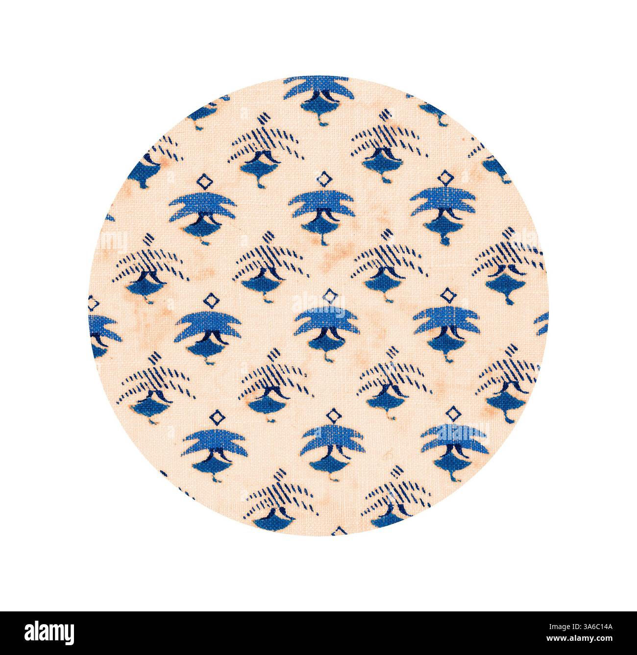 A circular fabric featuring a repetitive pattern of blue palm trees and ...