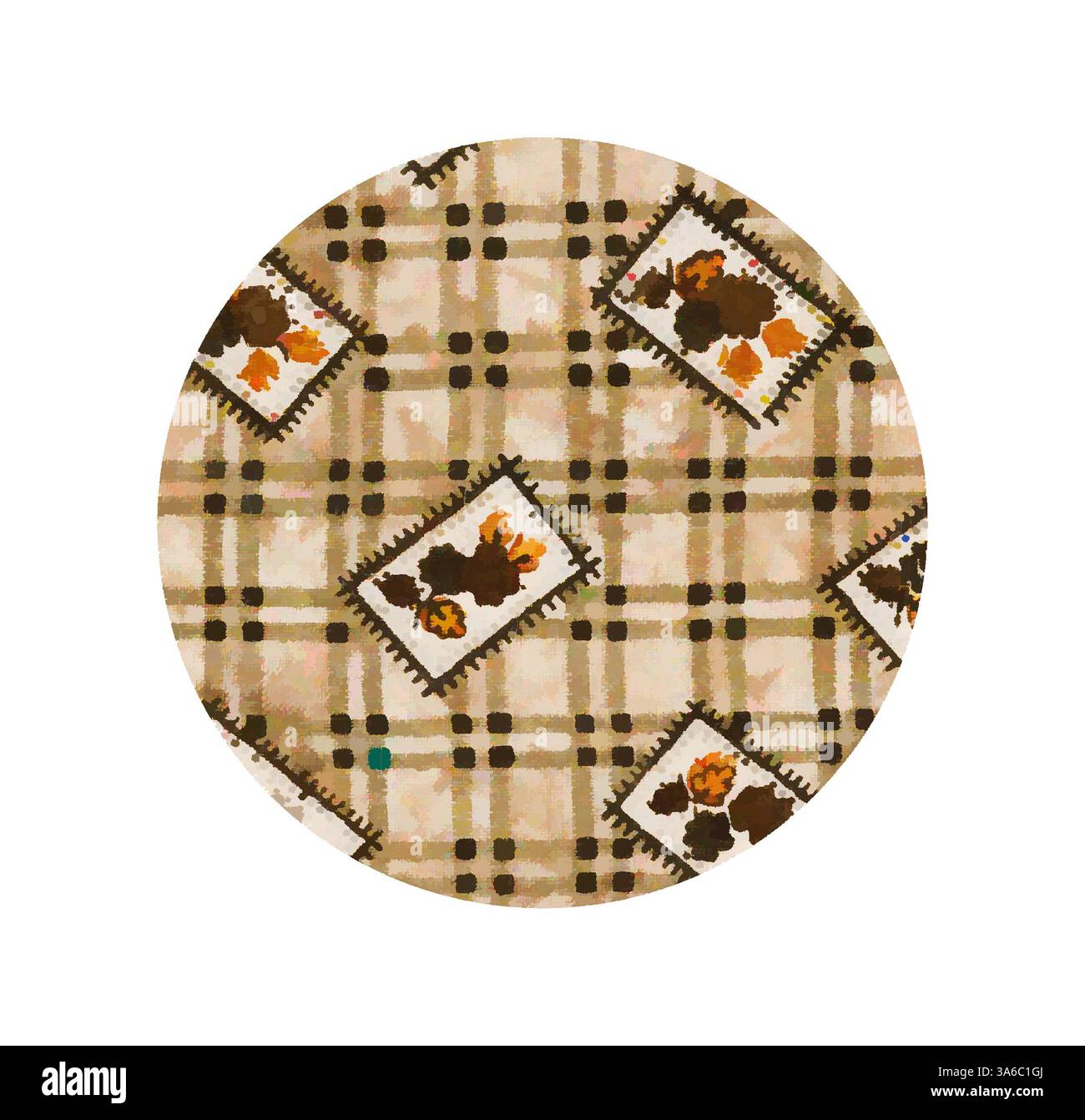 A circular textile design featuring a patterned grid with decorative ...