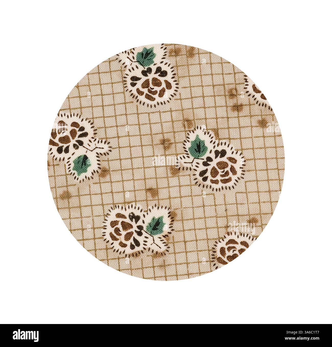 A circular pattern featuring a grid design adorned with floral motifs ...